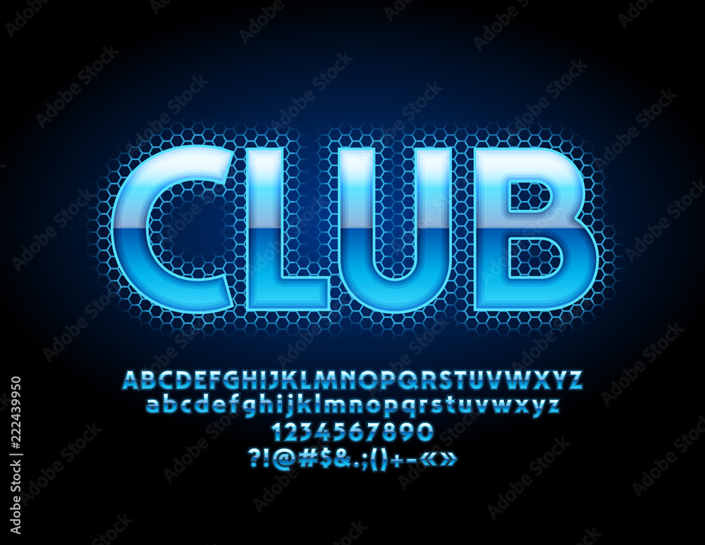 Vector Bright Blue Logo Club. Neon color Font. Glowing Alphabet Letters ...
