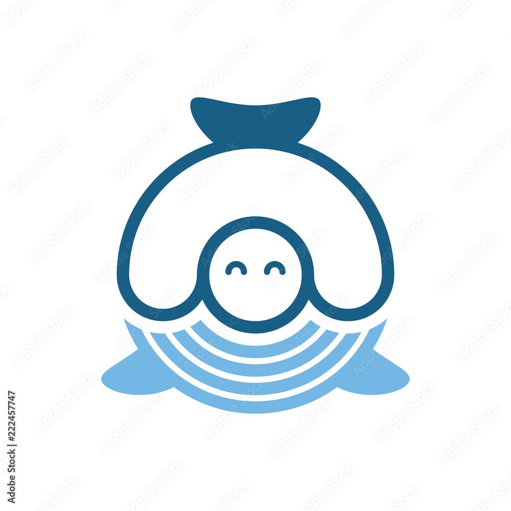 Cartoon whale logo template. Funny cartoon blue whale in the shape of a ...