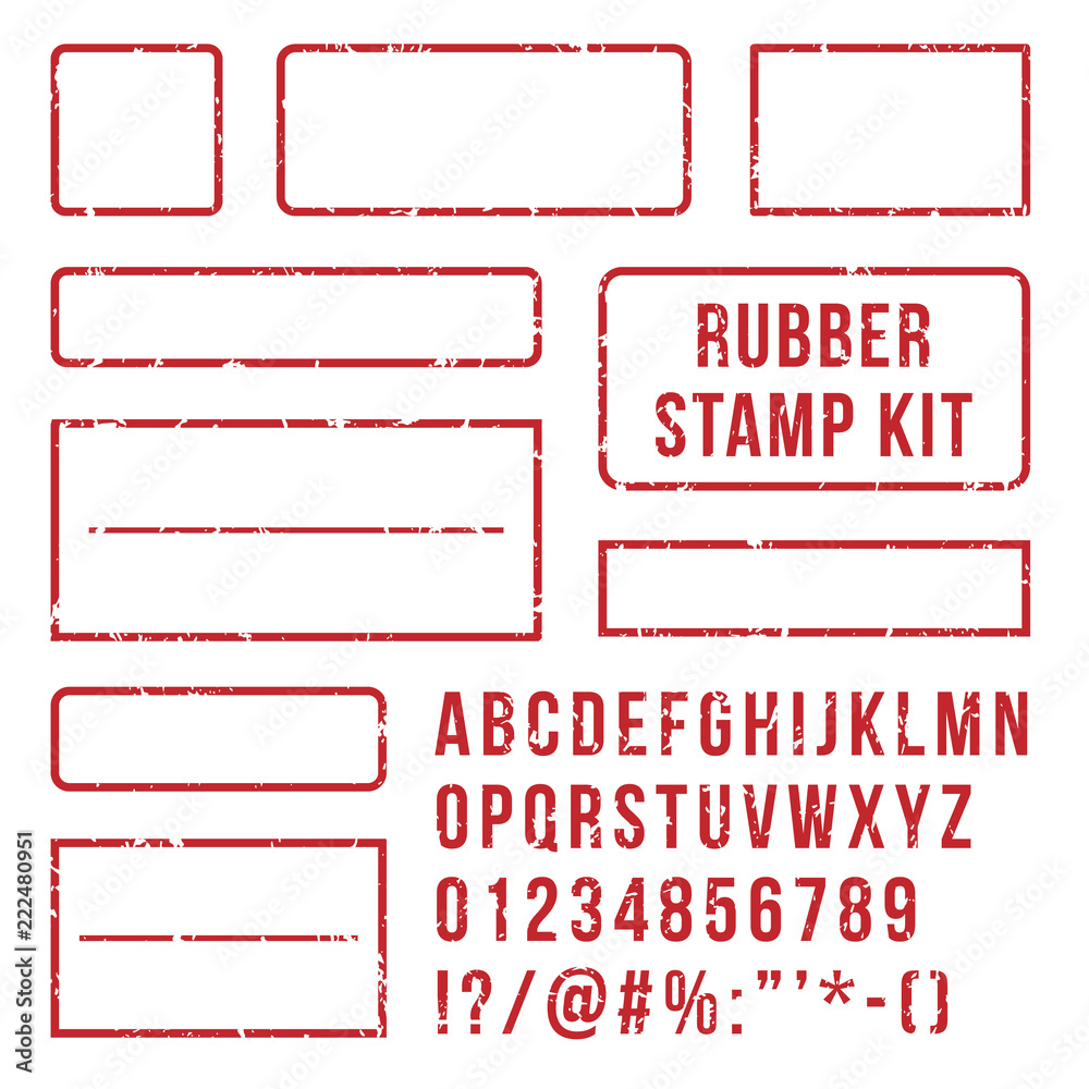 Rubber stamp letters. Red stamps frame and letterpress symbols with ...