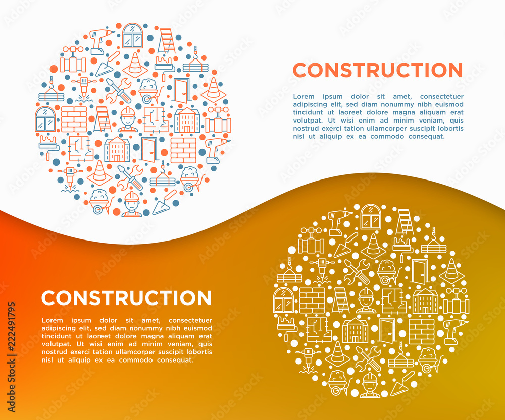 Construction concept in circle with thin line icons: builder in helmet ...