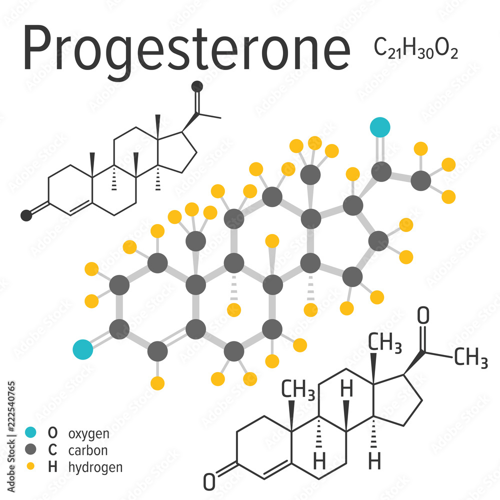 Chemical formula, structure and model of the progesterone molecule ...
