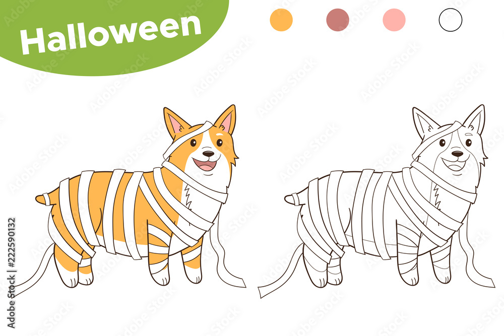 Halloween coloring page for kids. Welsh Corgi dog dressed up as a mummy ...