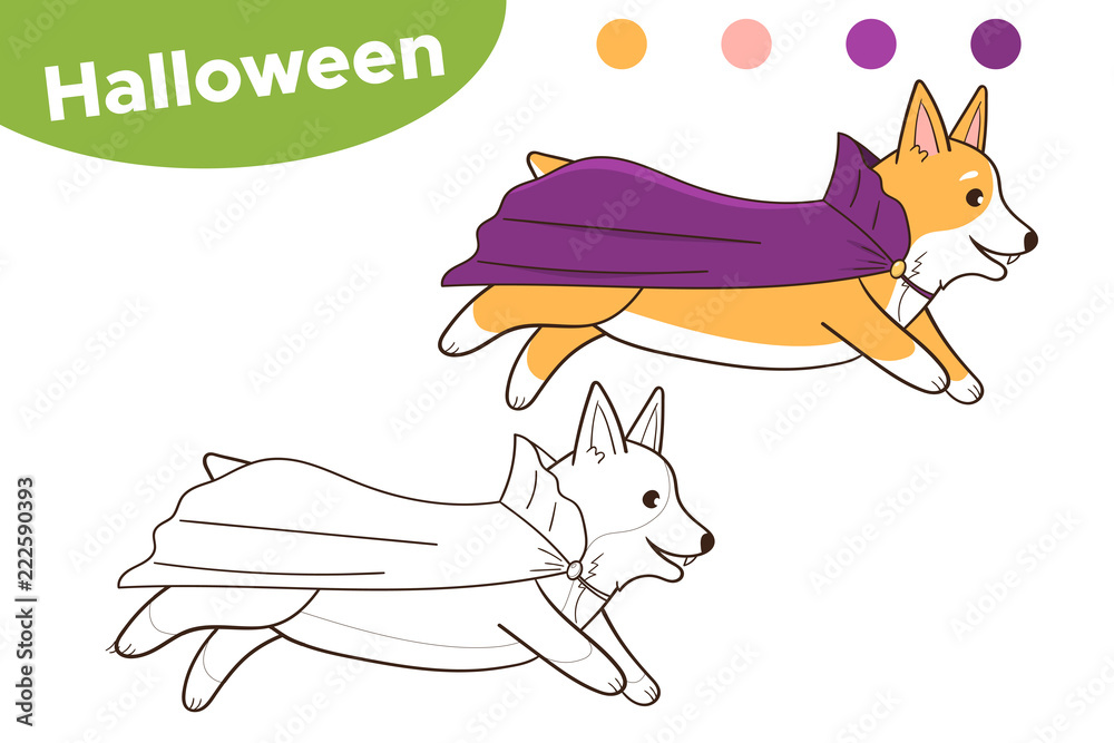 Halloween coloring page for kids. Welsh Corgi dog dressed up as a ...