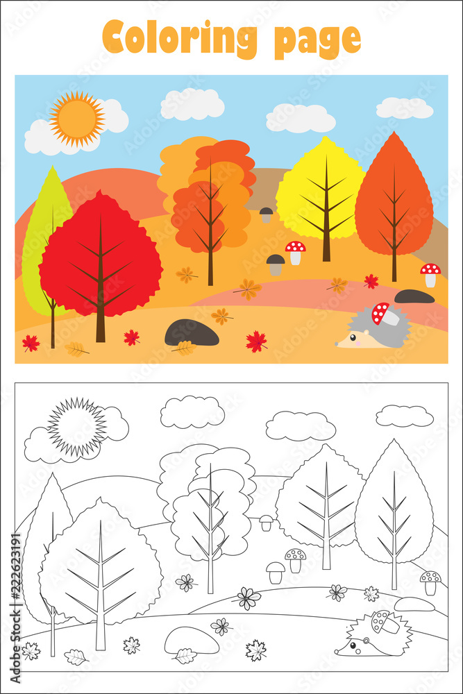 Autumn forest in cartoon style, coloring page, education paper game for ...