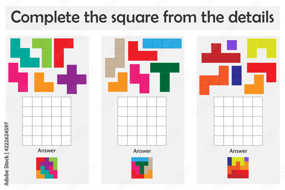 Puzzle game with colorful details for children, complete the square ...