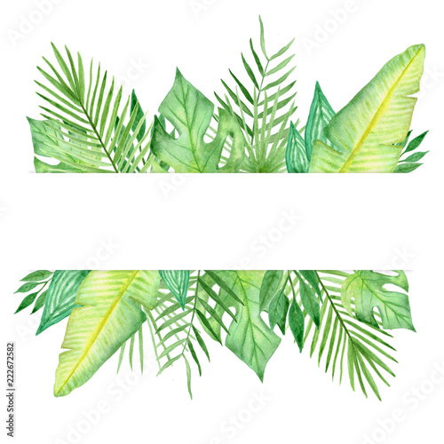 Watercolor frame of colorful tropical leaves. Concept of the jungle for ...
