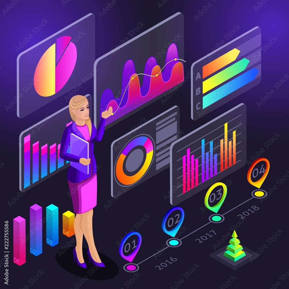 Infographics isometrics, the girl conducts training showing holographic ...