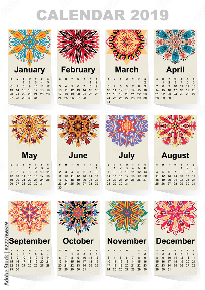 Calendar for 2019 year. Vintage decorative mandala elements. Week ...
