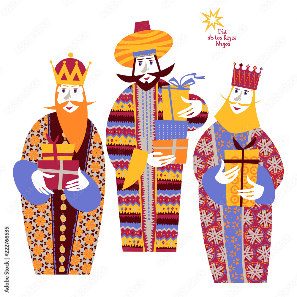 Three biblical Kings: Caspar, Melchior and Balthazar. Three wise men with gift boxes. Feliz dia ...