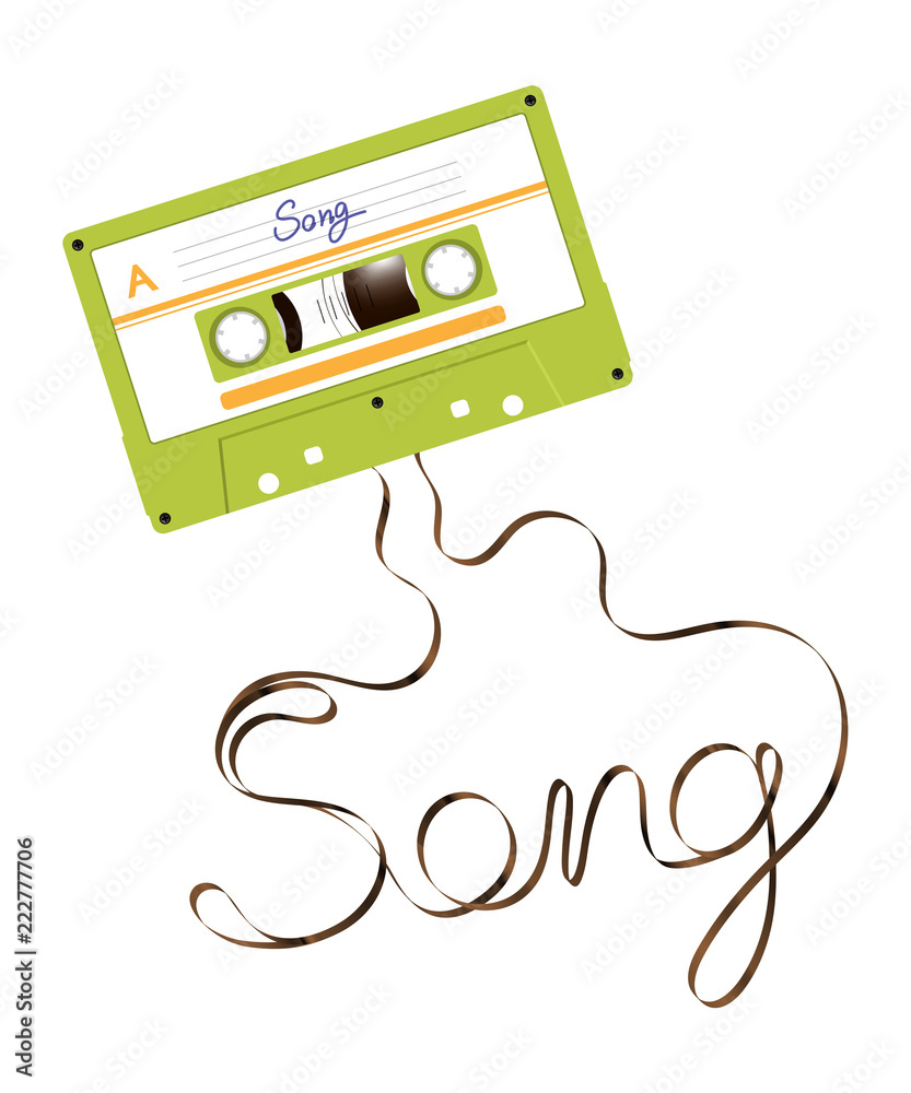 Compact audio cassette green color and song text made from analog ...