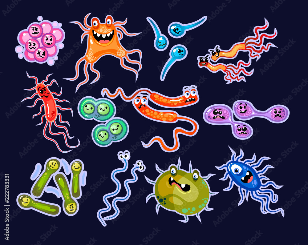 Cartoon bacteria set isolated on blue background. Vector illustration ...