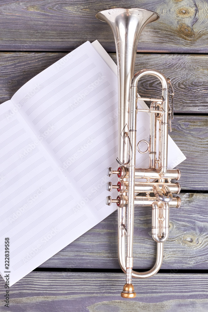 Trumpet on musical notes. Musical notes sheet and aged trumpet, top ...