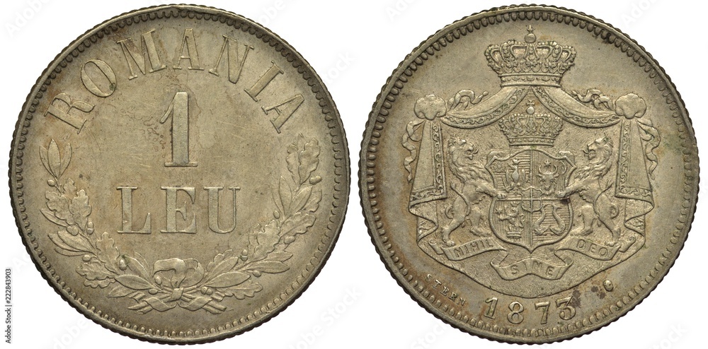Romania Romanian silver coin 1 one leu 1873, face value in center ...