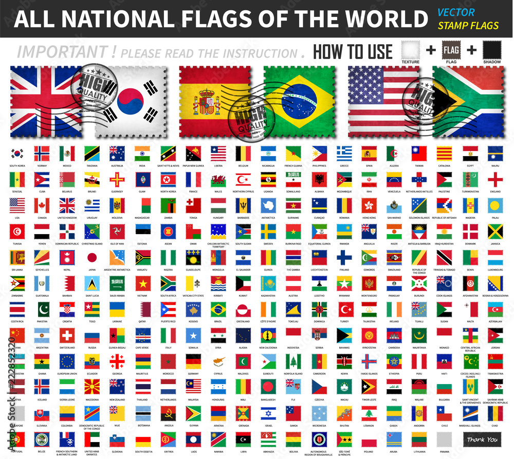 All official national flags of the world . Old stamp shape design with ...