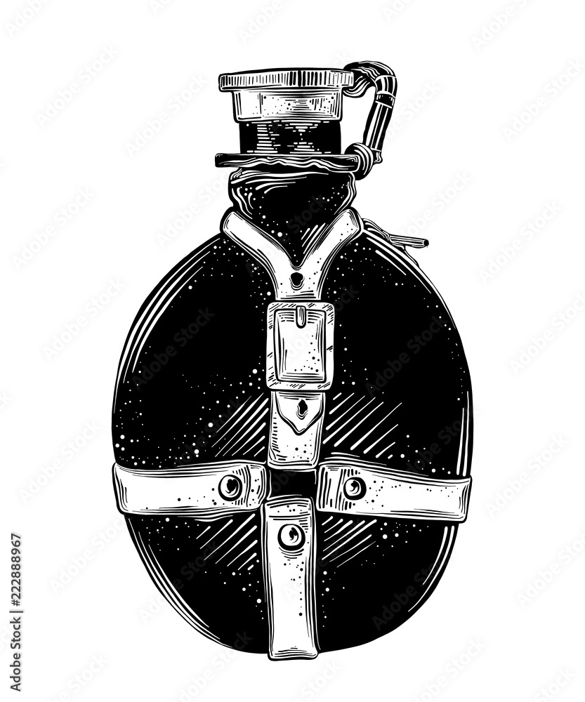 Hand drawn sketch of travel flask in black isolated on white background ...