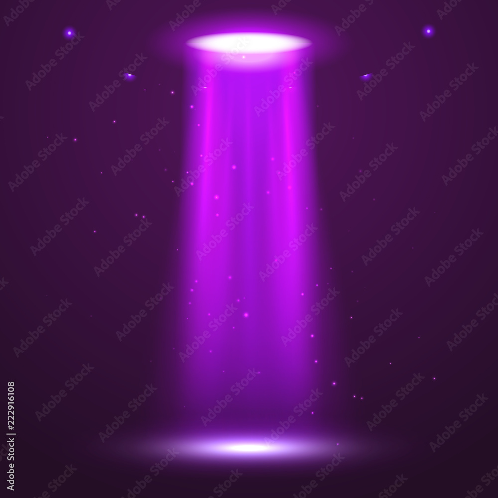 UFO light beam. Alien transport futuristic bright light in dark on ...