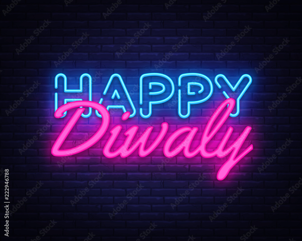 Diwali Hindu festival greeting card neon Vector. Diwali neon sign ...