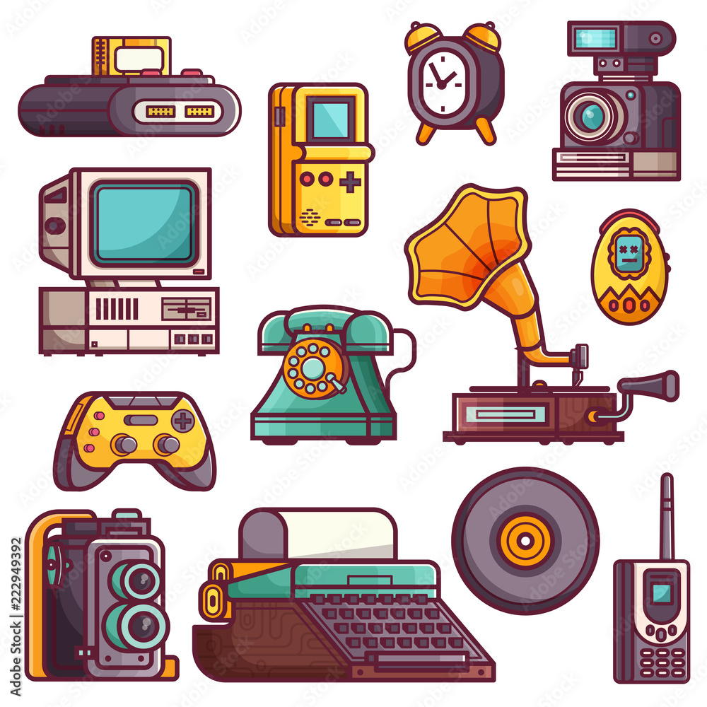 Retro tech devices icons. Multimedia electronic gadgets collection ...