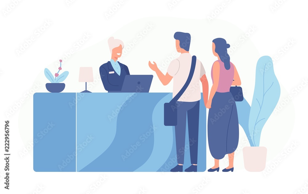 Pair of tourists or travellers standing at reception desk and talking ...