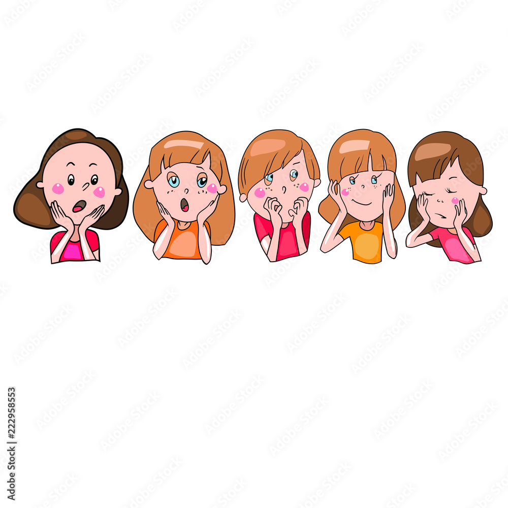 Cute girls and boy, scared, emotions on the faces of children, cartoon ...