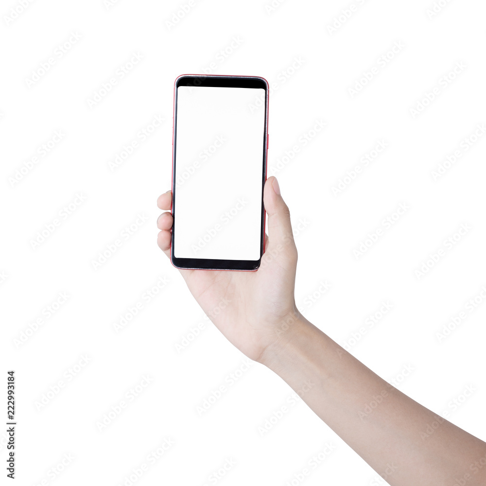 hand with smart phone of female Asia girl on white back ground isolate ...