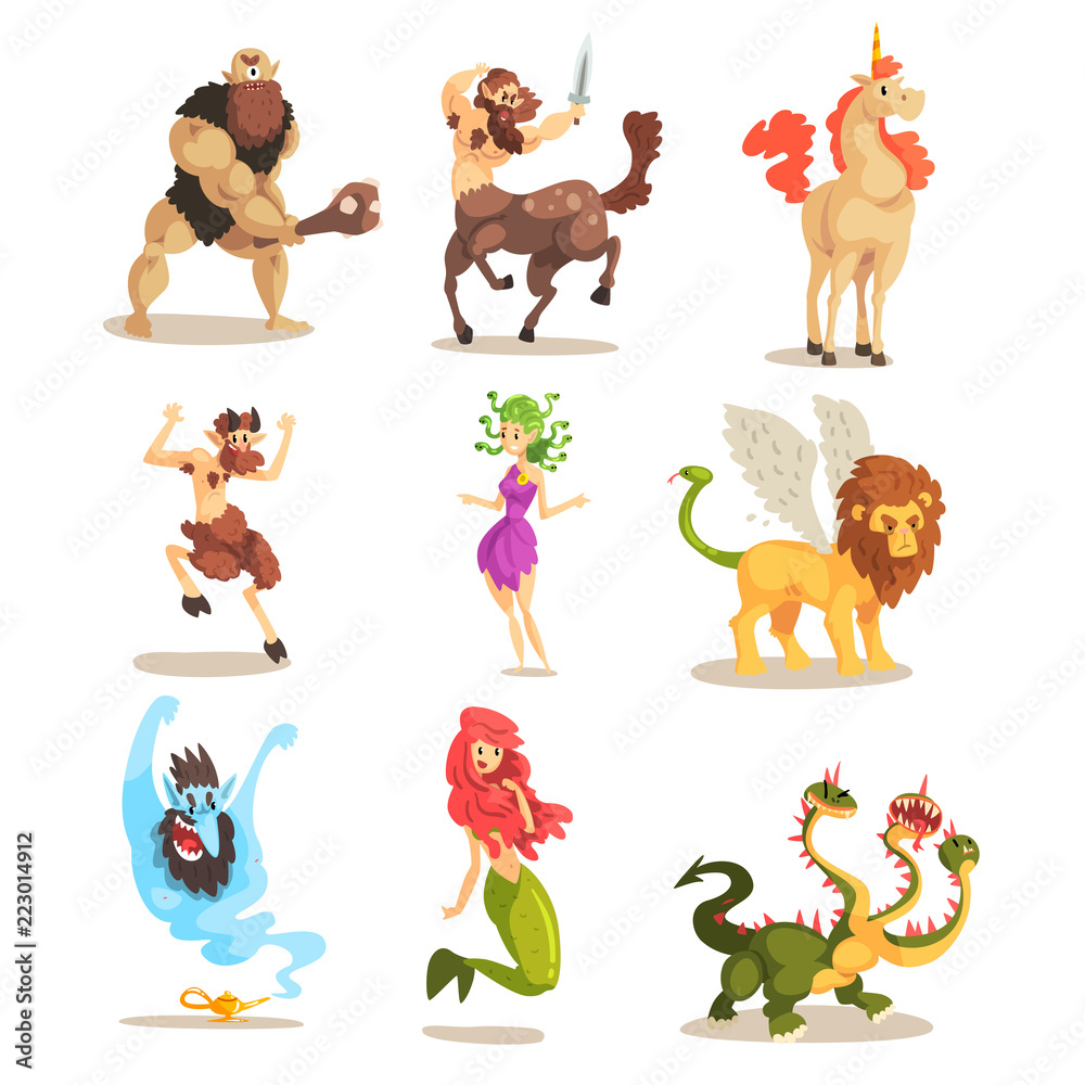 Ancient mythical creatures set, Cyclops, Centaur, Unicorn, Satyr Faun ...