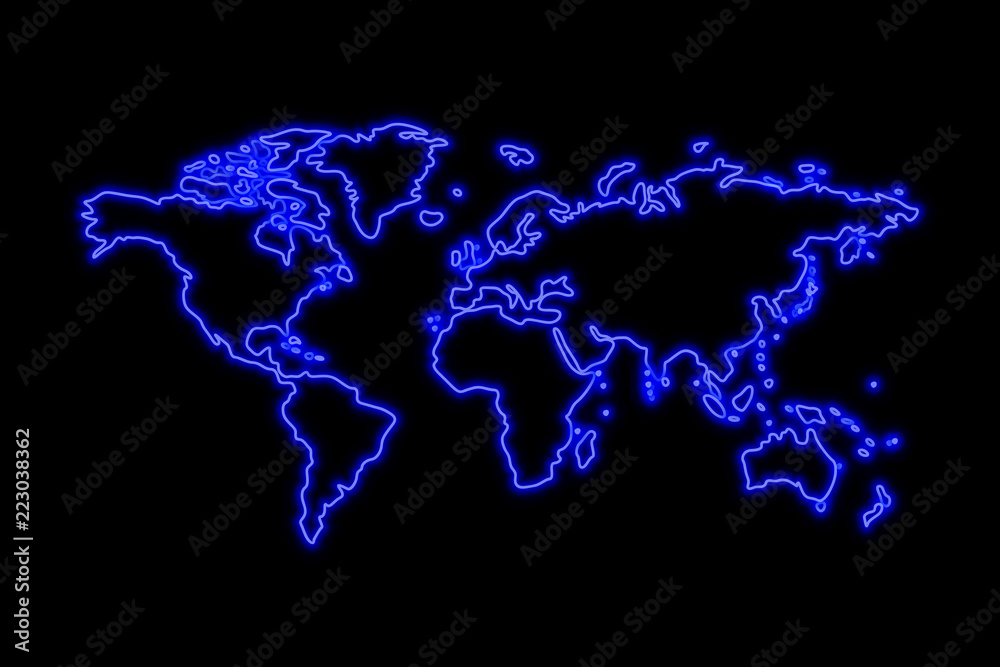 World map neon sign. Bright glowing symbol on a black background. Stock ...