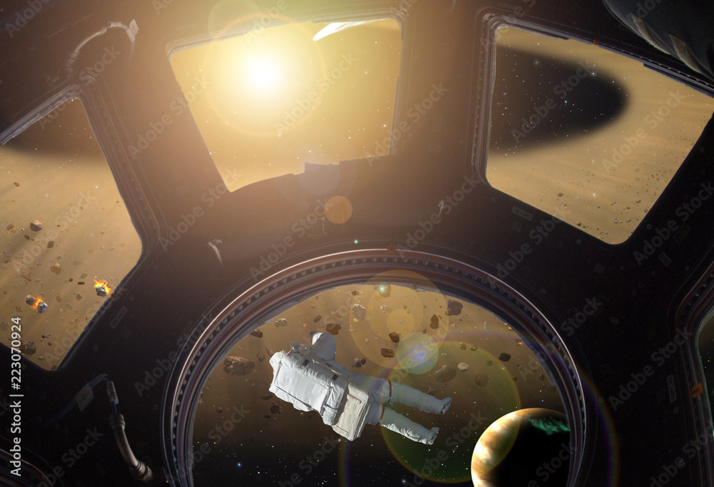 astronaut spacewalk in outer space against the shining star and planet ...