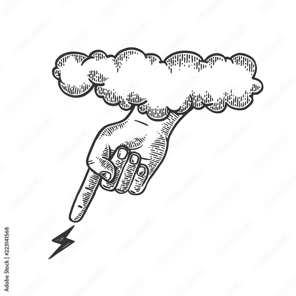 Hand of God sends lightning from sky cloud engraving vector ...