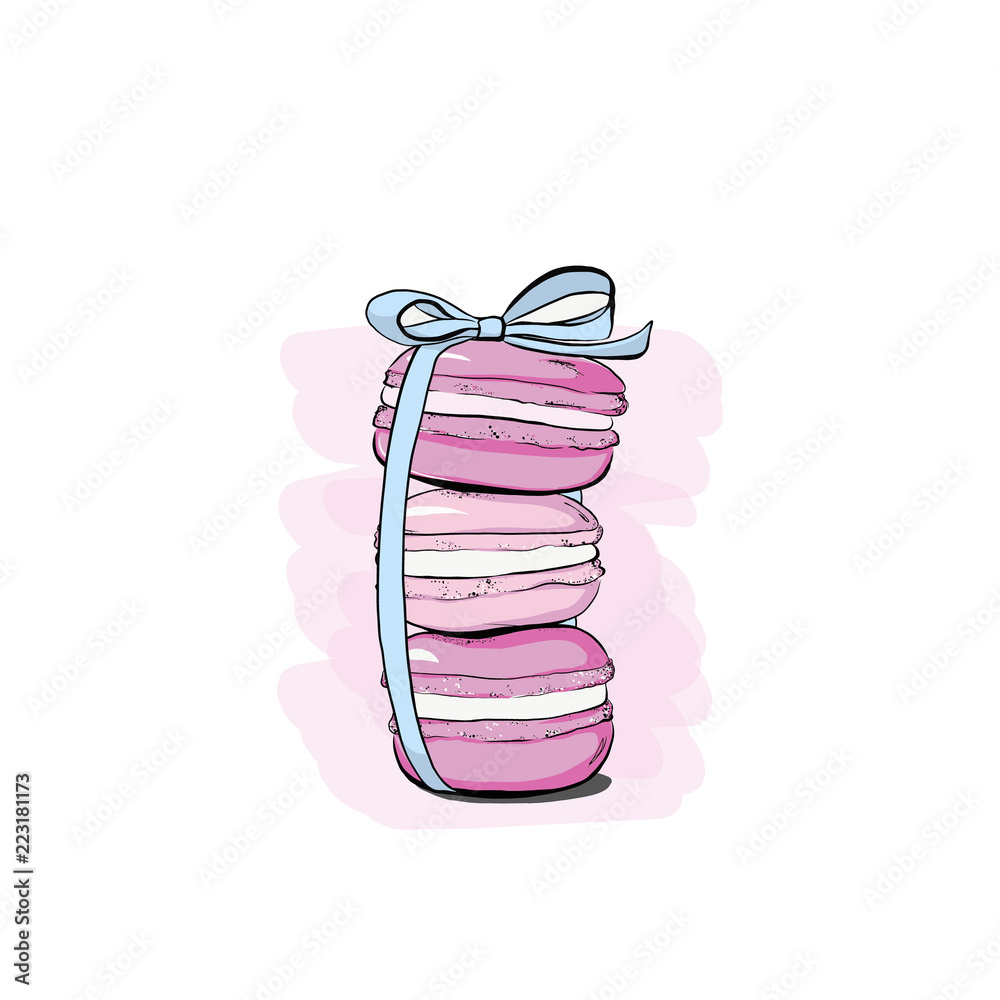 Hand drawn watercolor pile of pink macaron cakes, french pastry dessert ...