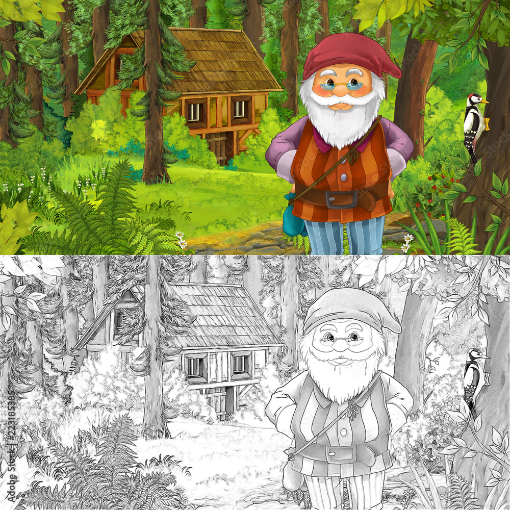 cartoon scene with man fantasy dwarf in the forest near hidden wooden ...
