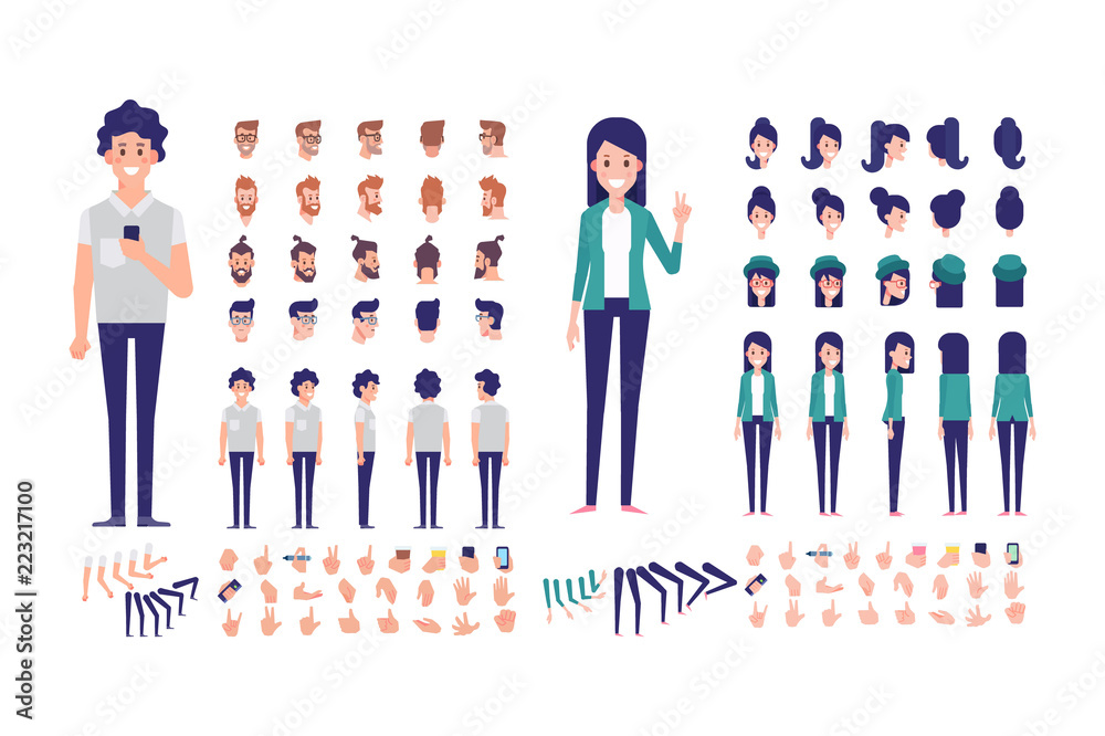Front, side, back, 3/4 view animated characters. Young people creation ...
