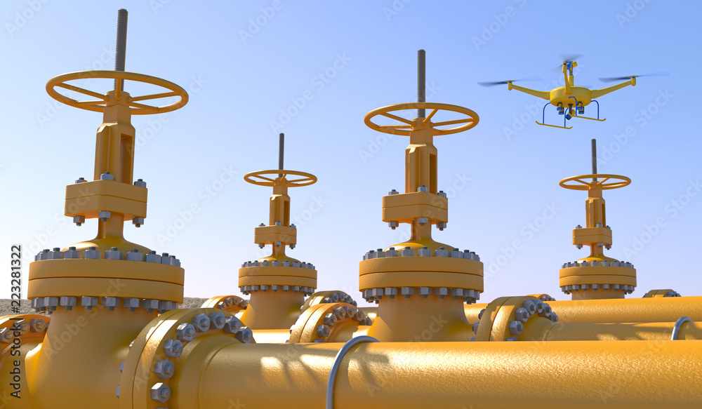 3D illustration of a UAV drone in flight inspecting oil/gas pipeline ...