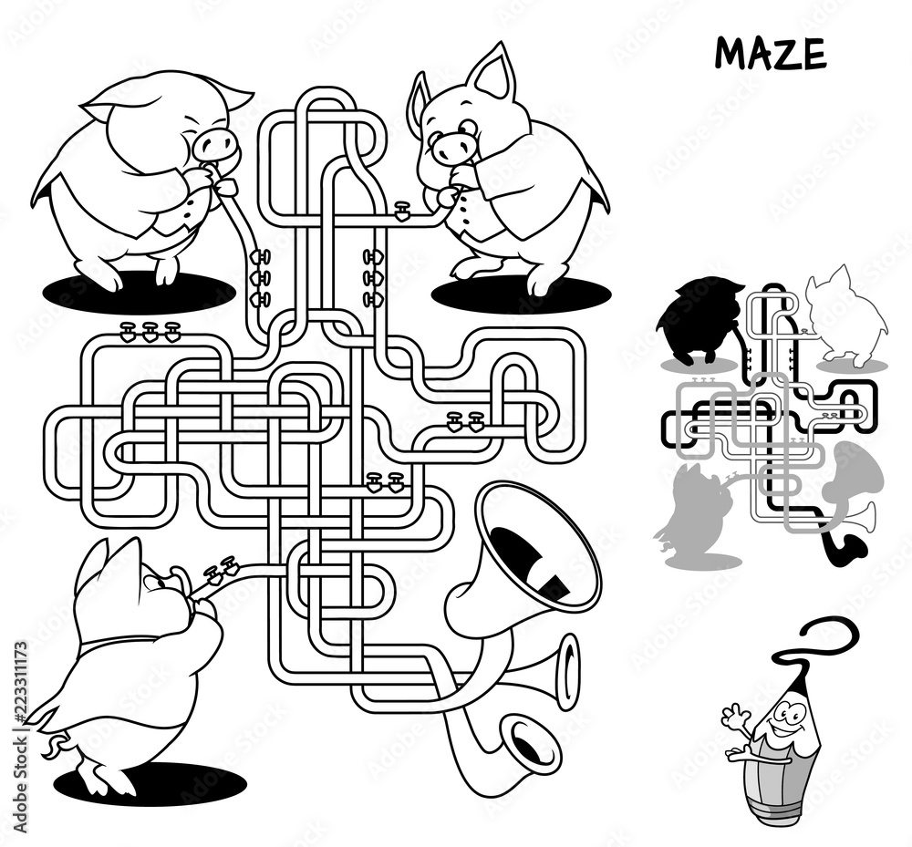 Brass band of three little pigs. Educational maze game for children ...
