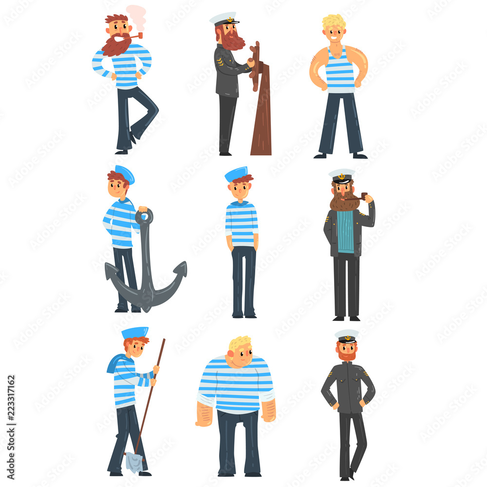 Sailors and captains doing their job, seamen characters in uniform ...