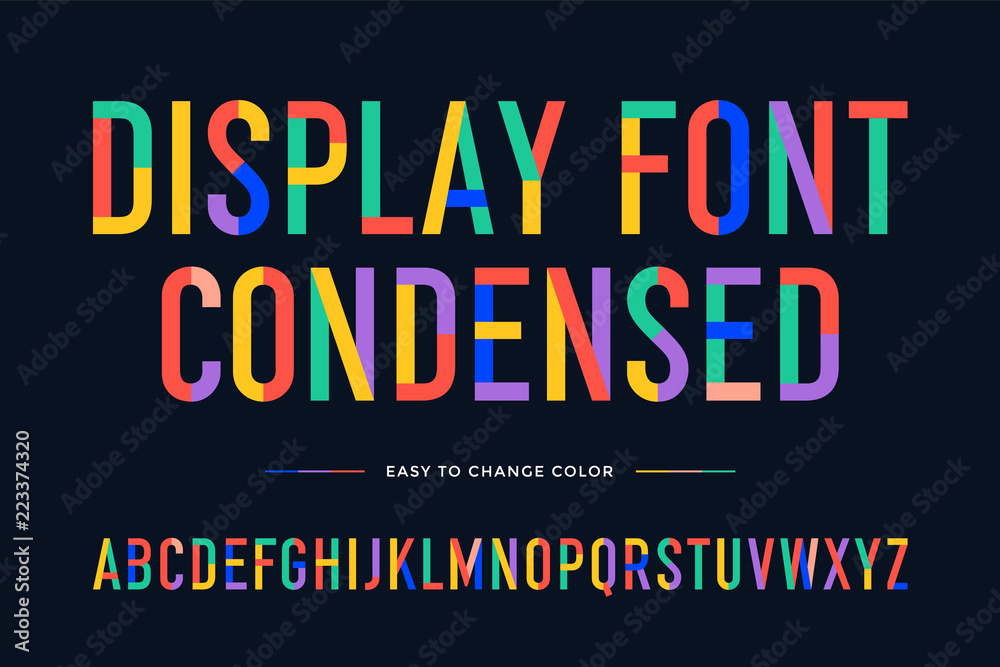 Colorful font. Colorful condensed alphabet and font. Condensed bold ...