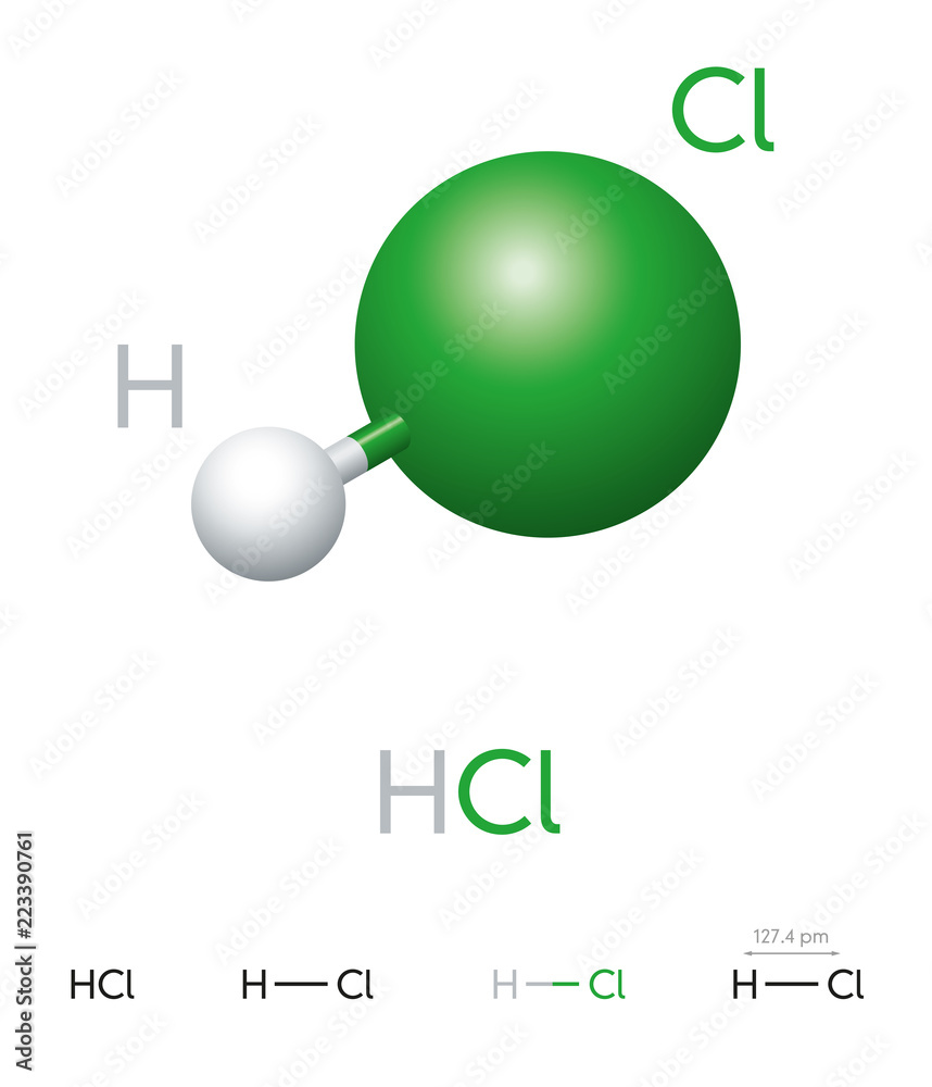 HCl. Hydrogen chloride. Molecule model, chemical formula, ball-and ...