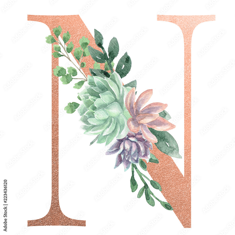 Watercolor Monogram Alphabet Letter N Rose Gold Foil Stock Illustration ...