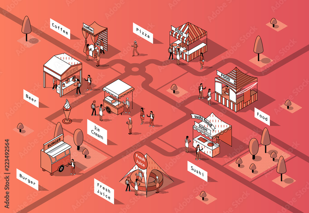 Vector 3d isometric food courts, fair with people. Shops with sushi ...