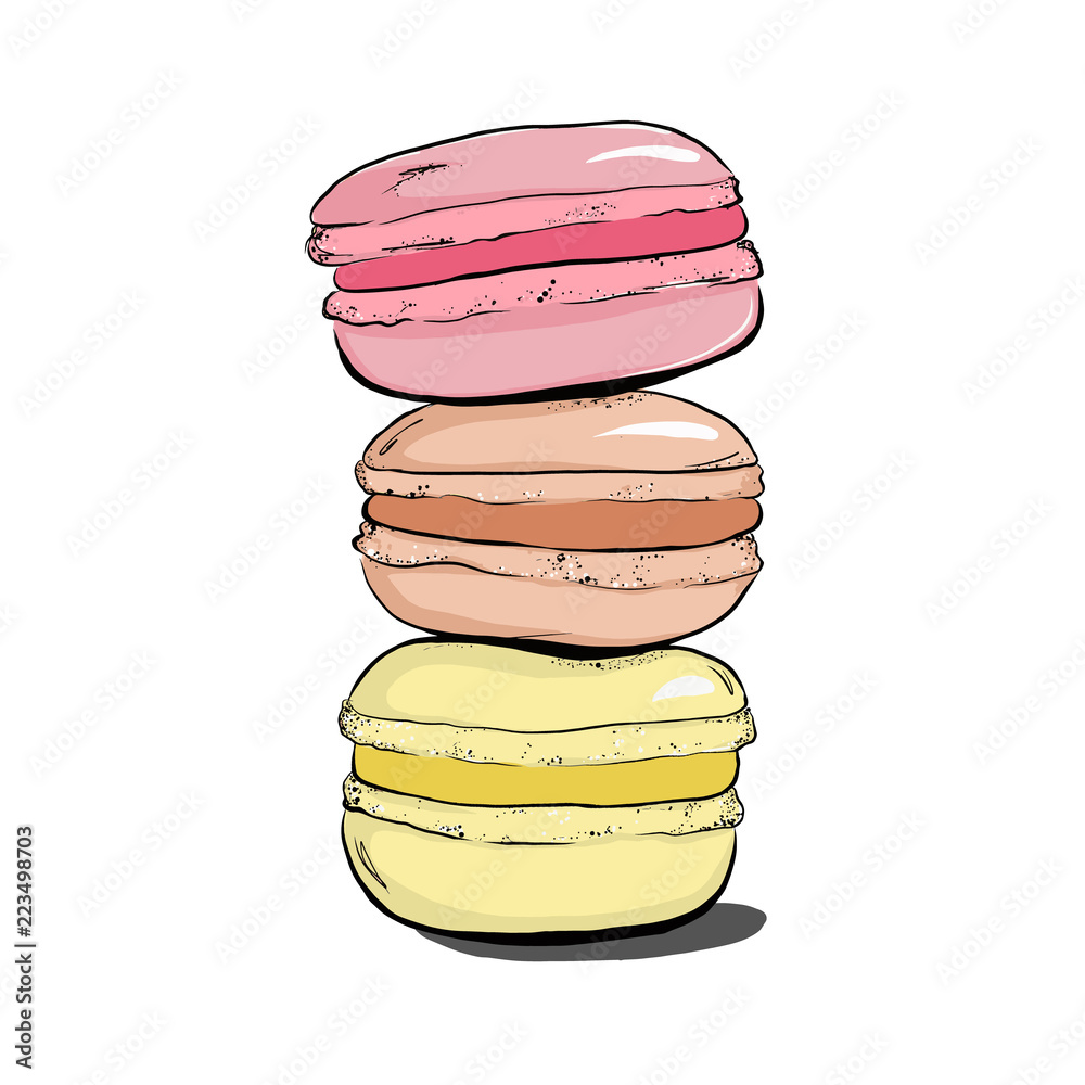 Stack of colorful macaron, macaroon cakes, sketch style vector ...