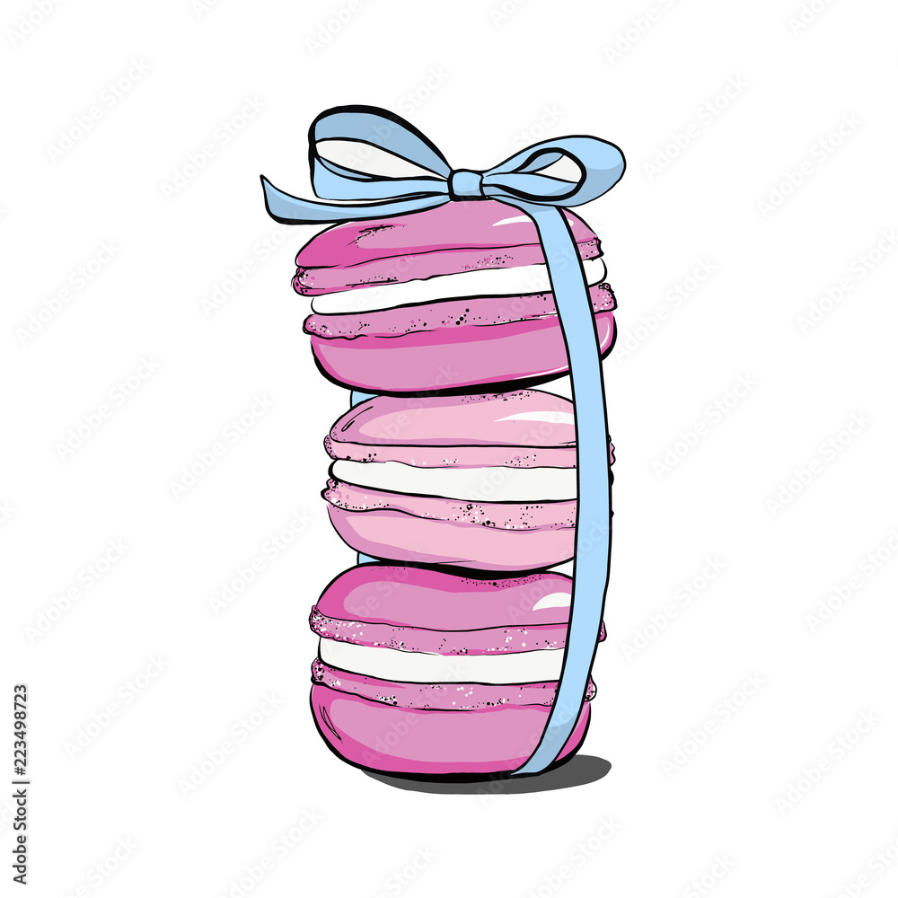 Hand drawn watercolor pile of pink macaron cakes, french pastry dessert ...