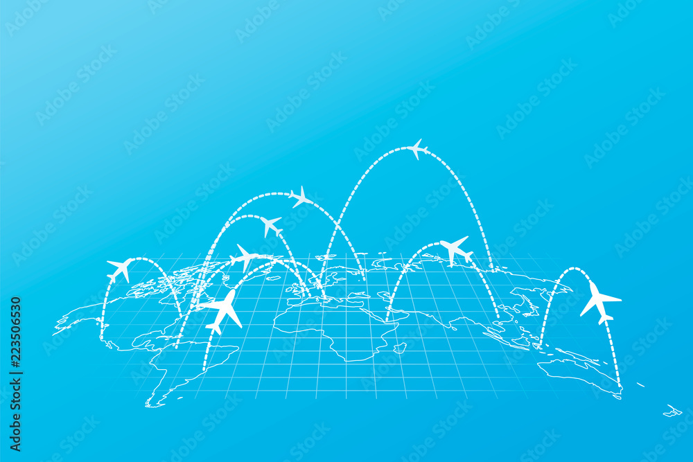 Airline routes with planes on world map in perspective on blue ...