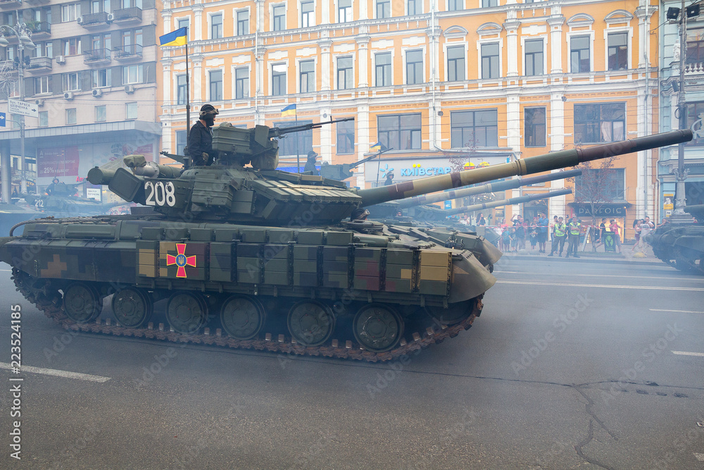 Tanks of the Ukrainian army on a rehearsal of the military parade. Kiev ...