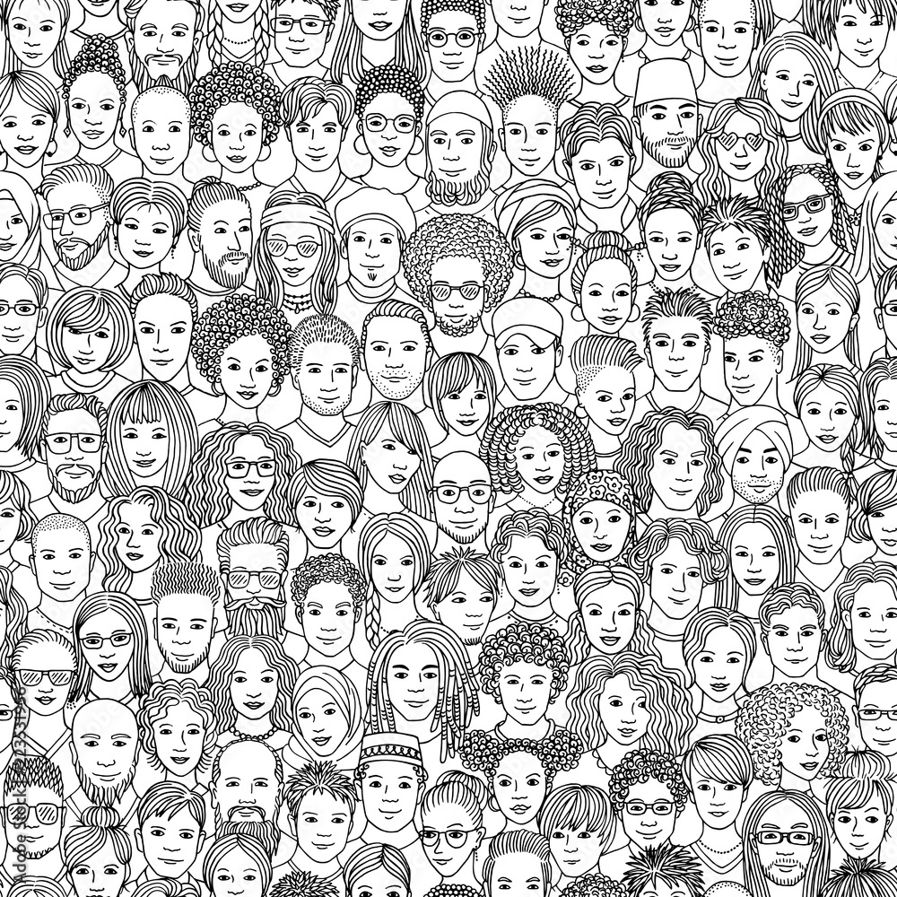 Diverse crowd of people - seamless pattern of 100 hand drawn faces of ...