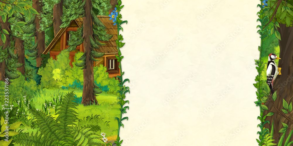 cartoon scene with beautiful medieval castle on the hill and wooden ...
