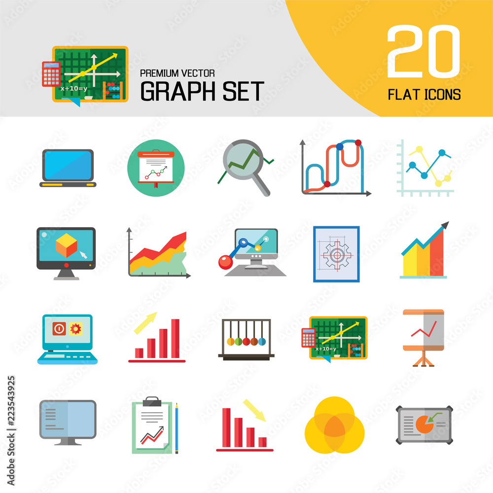 Graph Icon Set. Magnifier And Graph Growing Bar Chart Declining Bar ...