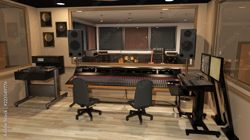 Music recording studio with sound mixer, instruments, speakers, and ...