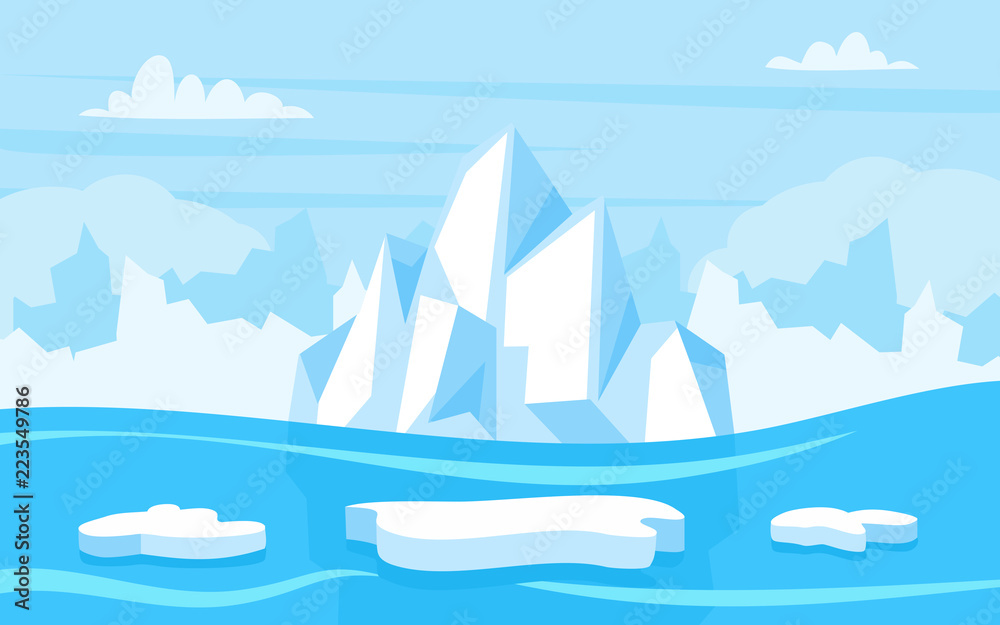 Cartoon illustration of arctic landscape with blue sky and iceberg ...