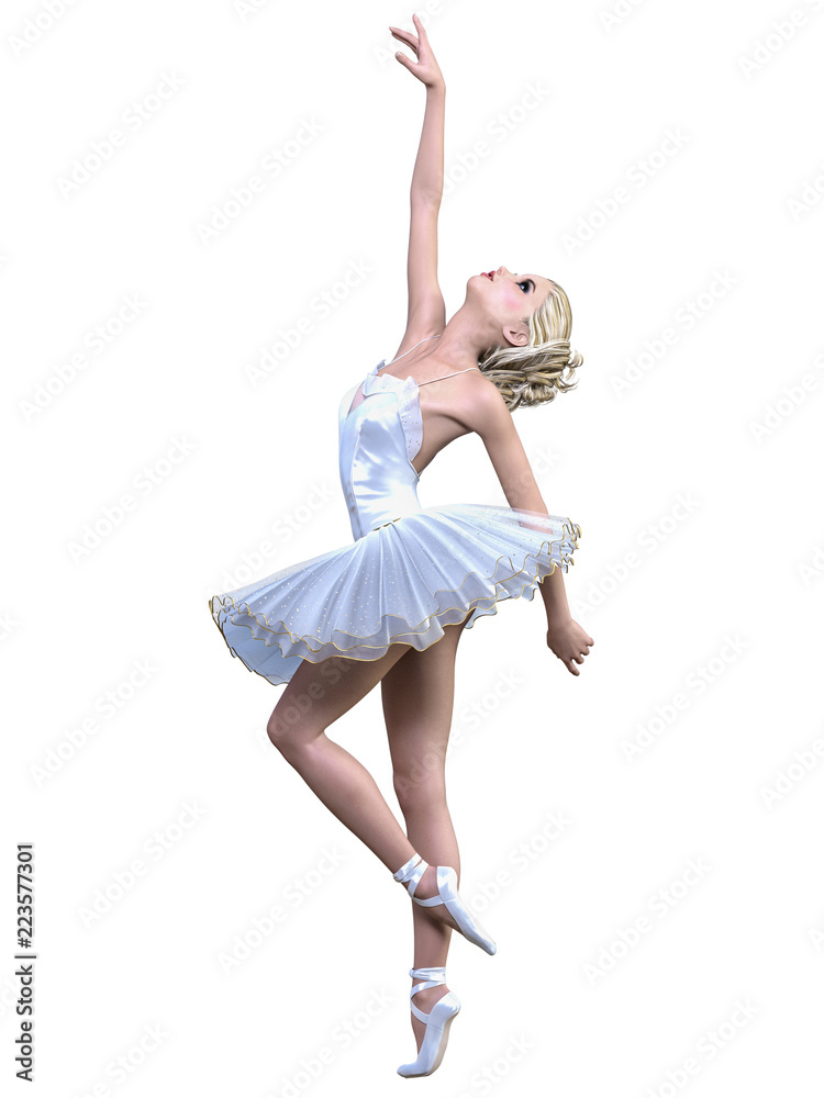 Dancing ballerina 3D. White ballet tutu. Blonde girl with blue eyes ...