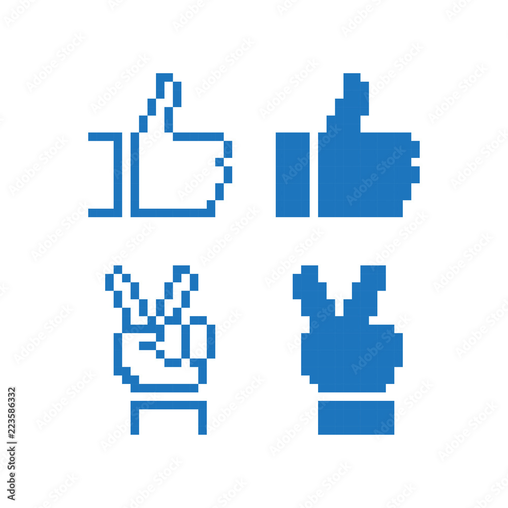 Pixel Art Hand Icon Set. Like And Peace Signs. Vector Outline and ...